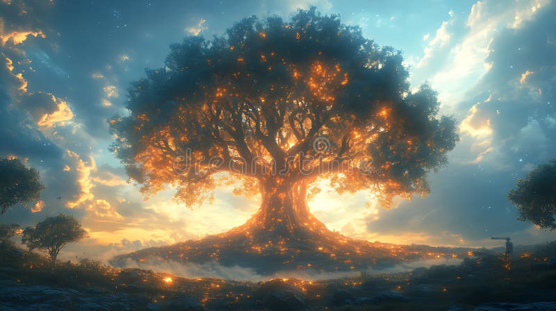 Glowing Mystical Tree at Sunset, Magical Fantasy Landscape Stock ...