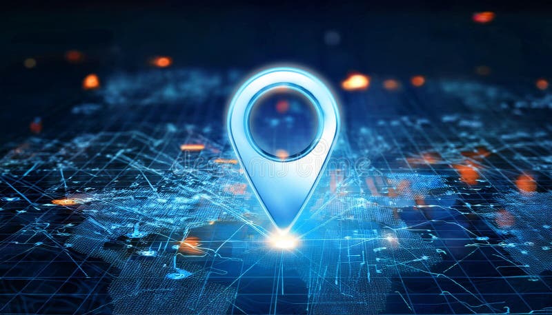 Glowing Navigation Pin on Digital Map Background Stock Illustration ...