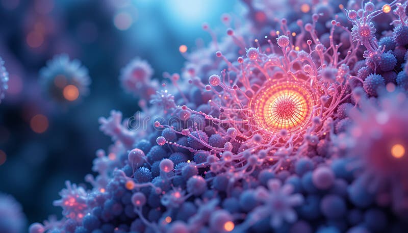 Glowing Neon Abstract Microscopic Cell Structure: Pink and Blue ...
