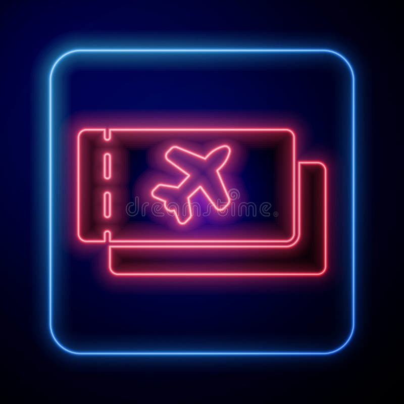 Glowing Neon Airline Ticket Icon Isolated on Blue Background. Plane ...