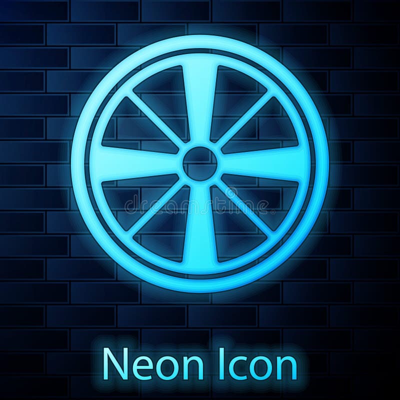 Glowing Neon Alloy Wheel for a Car Icon Isolated on Brick Wall ...