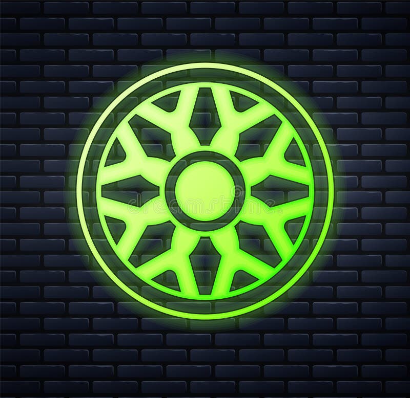 Glowing Neon Alloy Wheel for Car Icon Isolated on Brick Wall Background ...