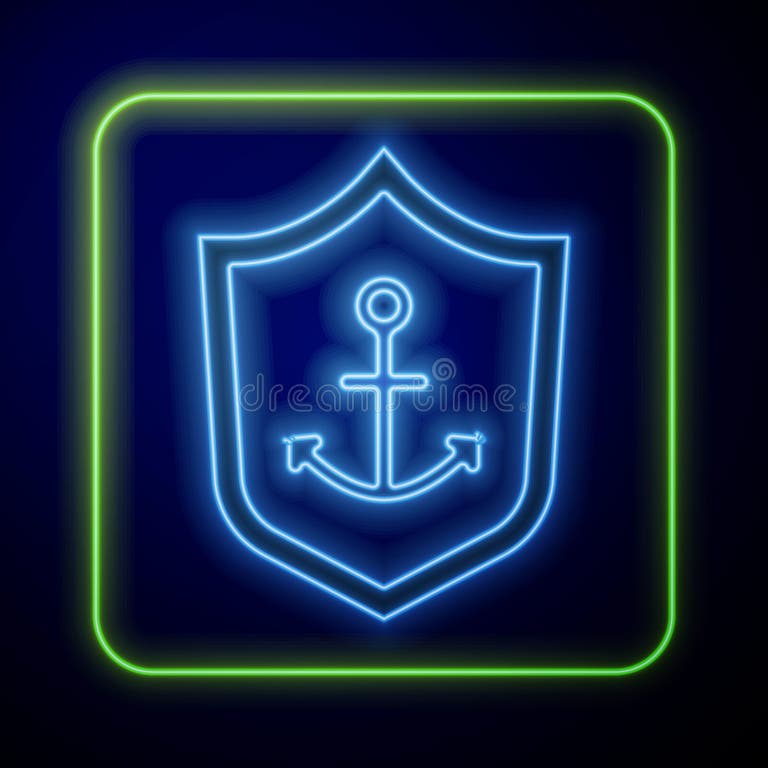 Glowing Neon Anchor Inside Shield Icon Isolated on Blue Background ...