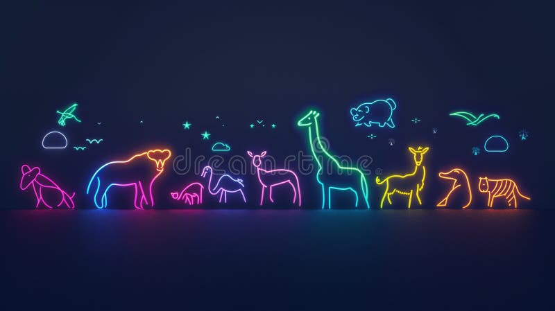 Glowing Neon Animal Lineup in Digital Art Style Stock Photo - Image of ...