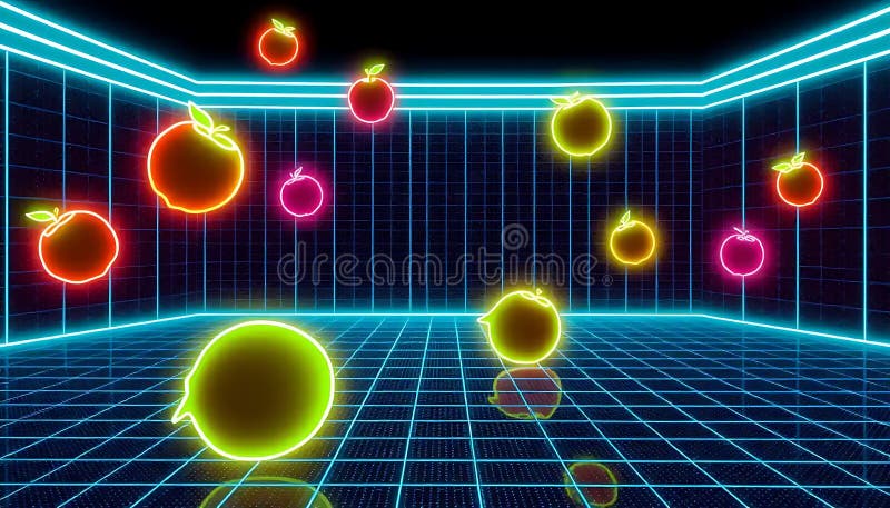 Glowing Neon Apples Floating within a Futuristic Grid Background Stock ...