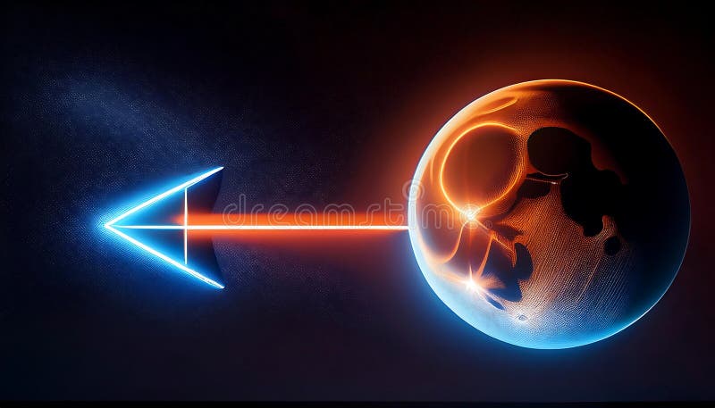 A Glowing Neon Arrow with an Image of the Moon and Mars Against Black ...