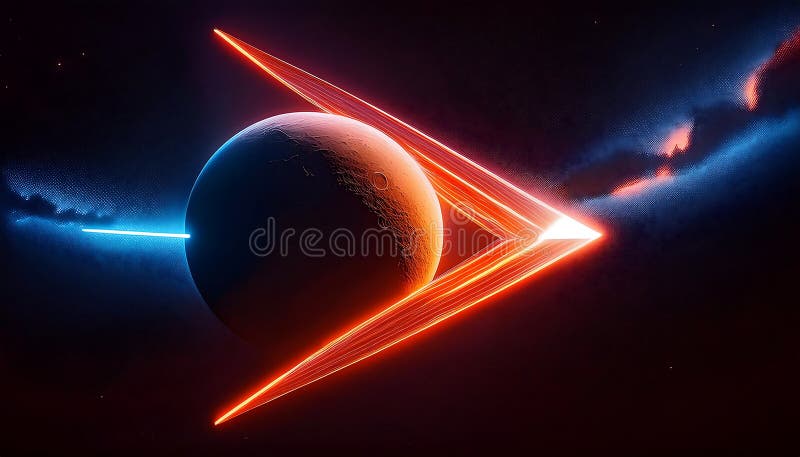 A Glowing Neon Arrow with an Image of the Moon and Mars Against Black ...
