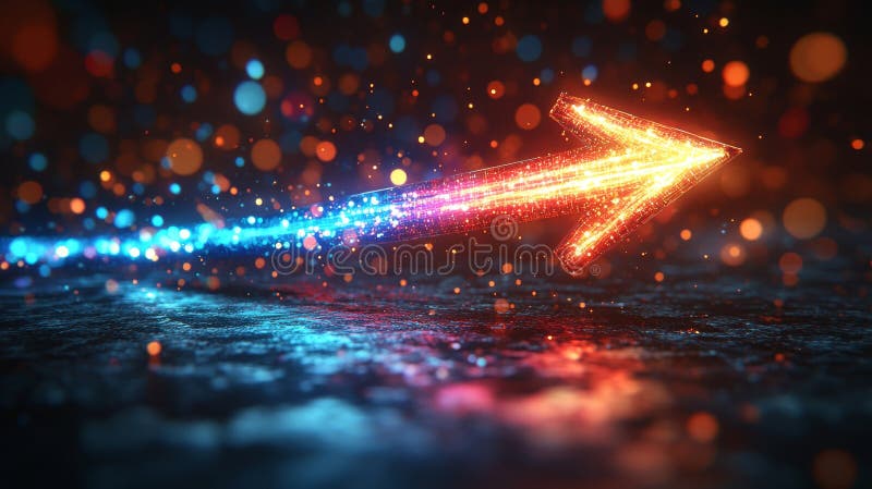 Glowing Neon Arrow Moving Forward on Sparkling Surface in Futuristic ...