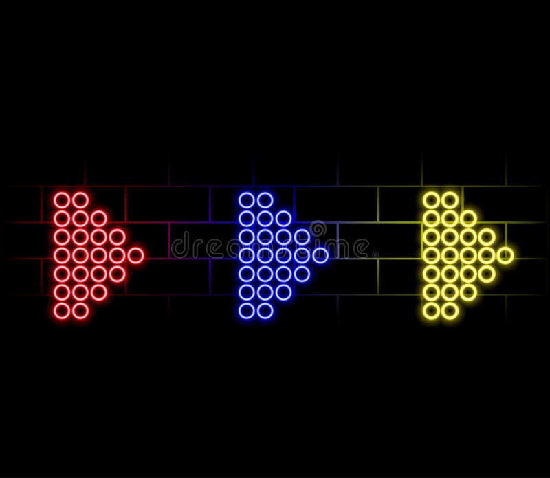 Glowing Neon Arrow Pointer in Gold Color on a Dark Brick Wall ...