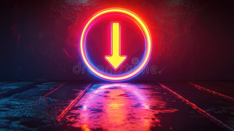 Glowing Neon Arrow Pointing Down in Circular Frame with Reflective ...