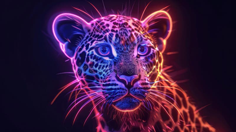 Glowing Neon Artwork of a Leopard with Intense Eyes and a Colorful ...