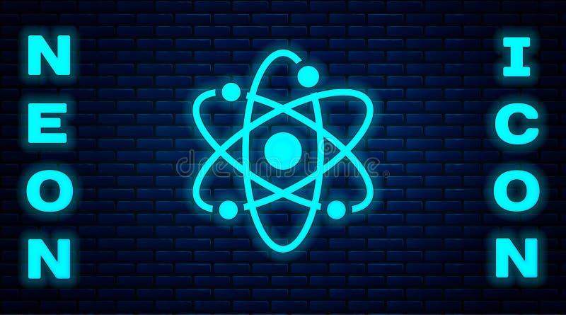Glowing Neon Atom Icon Isolated on Brick Wall Background. Symbol of ...