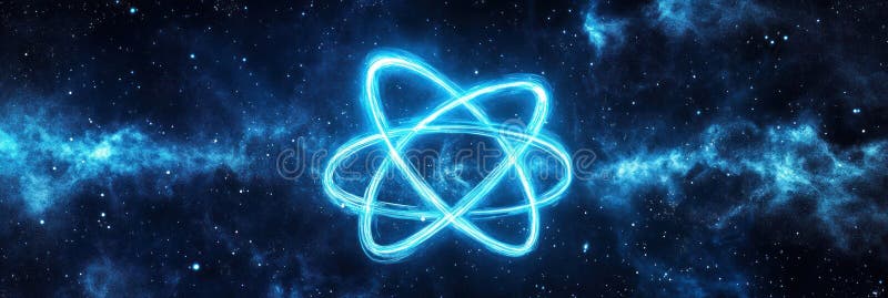 Glowing Neon Atom Symbol in a Deep Blue Space Background Stock Image ...