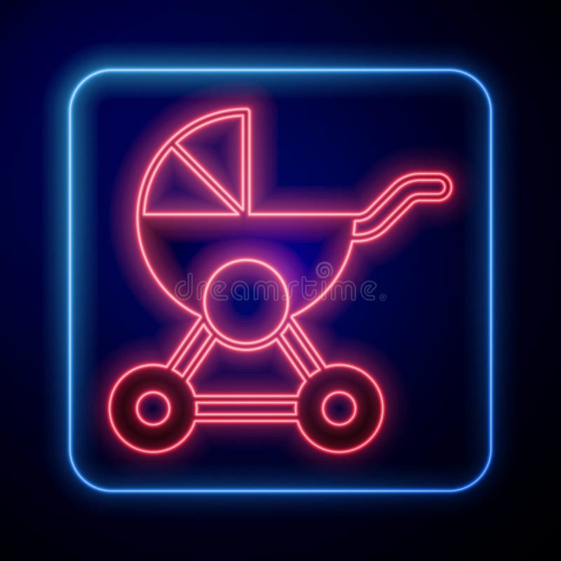 Glowing Neon Baby Stroller Icon Isolated on Black Background. Baby ...