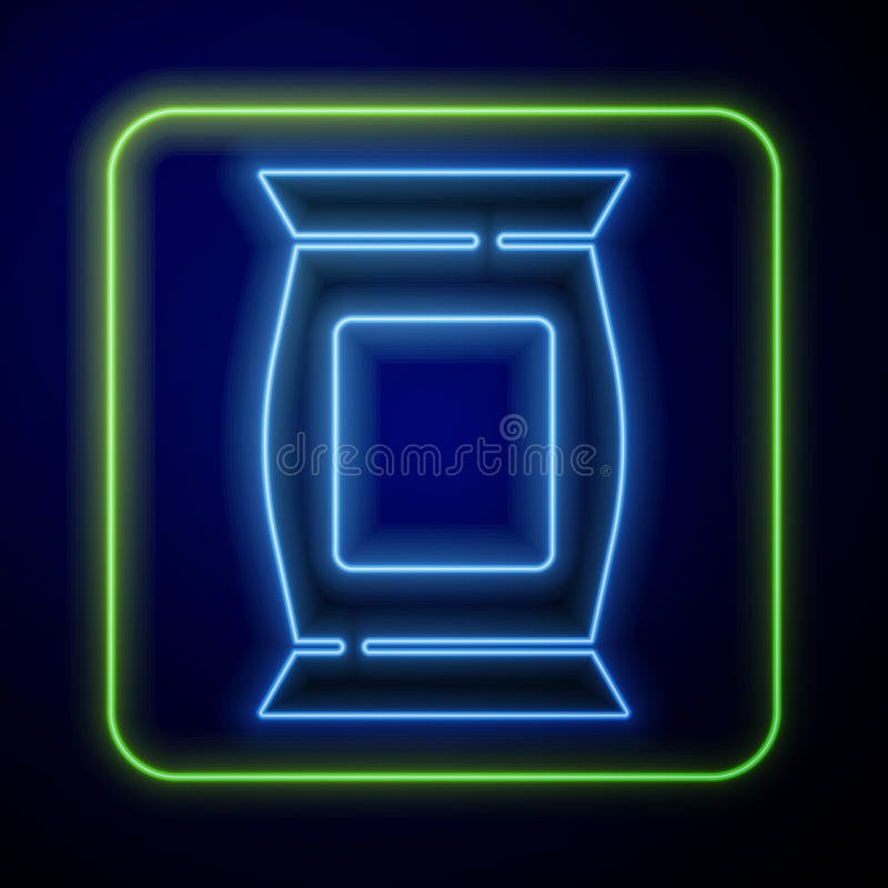 Glowing Neon Bag or Packet Potato Chips Icon Isolated on Blue ...