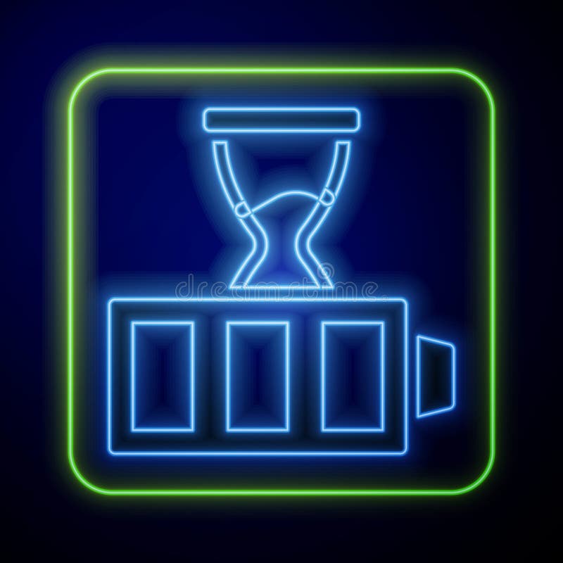 Glowing Neon Battery Charge Level Indicator Icon Isolated on Blue ...