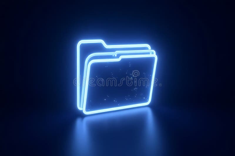 A Glowing, Neon Blue Folder Icon Shimmers Against a Dark, Reflective ...