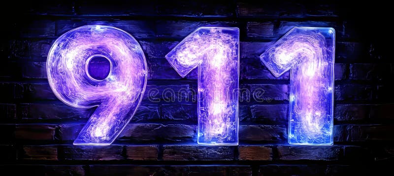 Glowing Neon Blue and Purple 911 Emergency Call Sign on a Rustic Brick ...