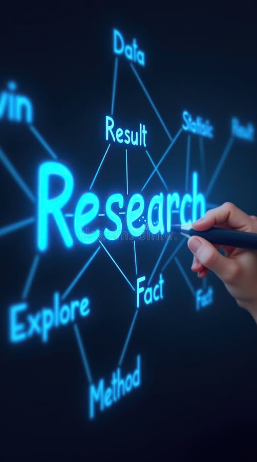 Glowing Neon Blue Research Concept Illustration on Dark Background ...