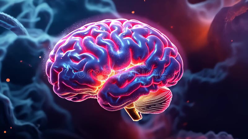 Glowing Neon Brain with Smoke Effect, Close-up Visualization ...