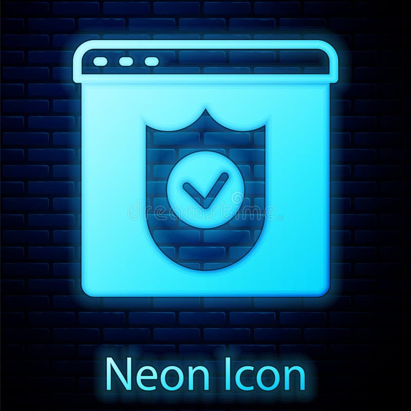 Glowing Neon Browser with Shield Icon Isolated on Brick Wall Background ...
