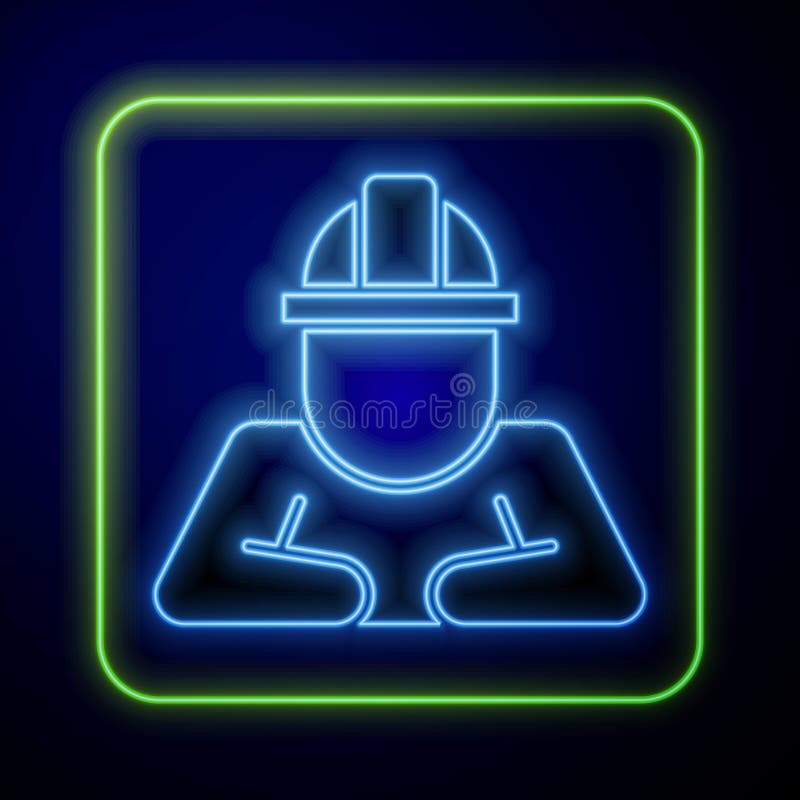 Glowing Neon Builder Icon Isolated on Blue Background. Construction ...