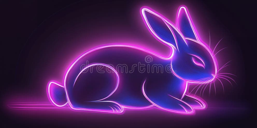 Glowing Neon Bunny Outline Resting on a Dark Surface in a Stylized ...