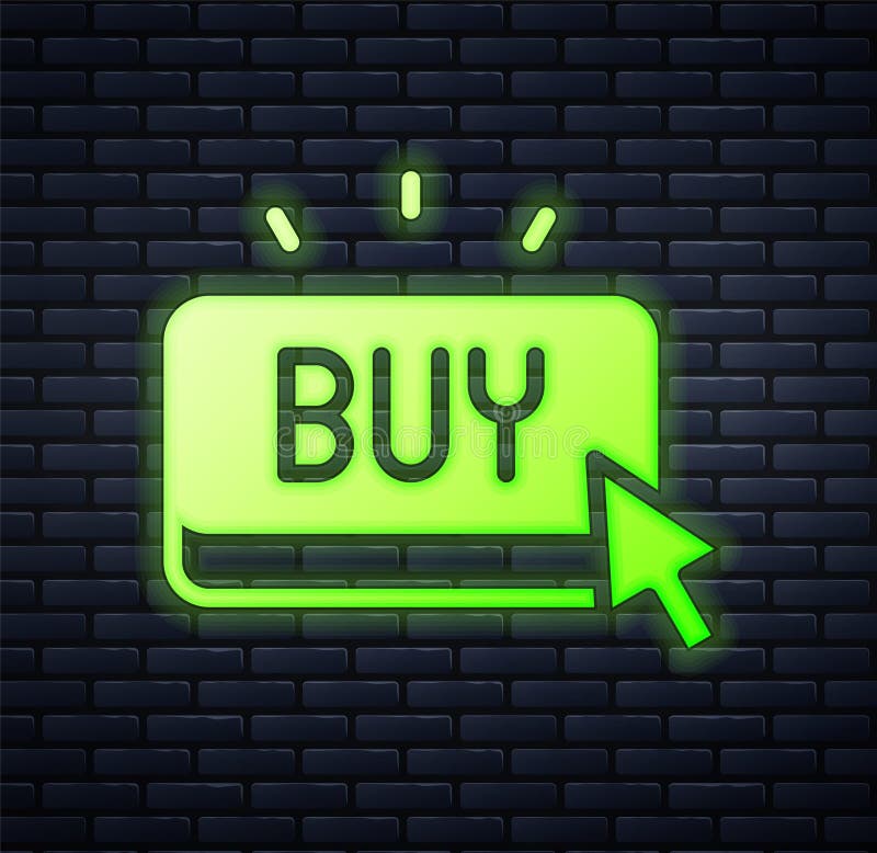Glowing Neon Buy Button Icon Isolated on Brick Wall Background. Vector ...