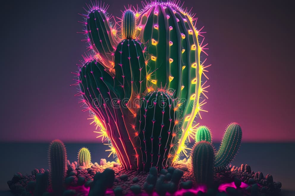 Glowing Neon Cactus in 3D Digital Art. Generative Ai Stock Photo ...