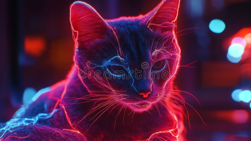 Glowing Neon Cat in Cyberpunk Setting Stock Illustration - Illustration ...