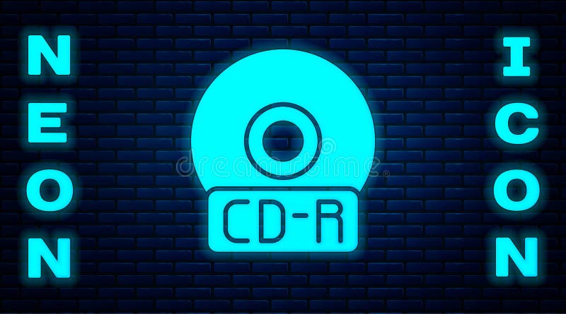 Glowing Neon CD or DVD Disk Icon Isolated on Brick Wall Background ...