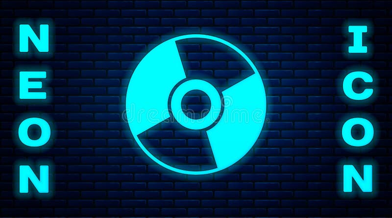 Glowing Neon CD or DVD Disk Icon Isolated on Brick Wall Background ...