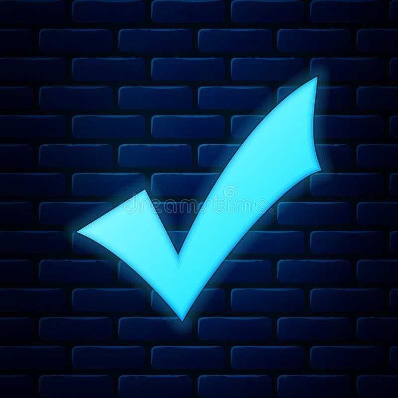 Glowing Neon Check Mark Icon Isolated On Brick Wall Background. Tick ... Glowing Neon Check Mark Icon Isolated On Brick Wall Background. Tick ...