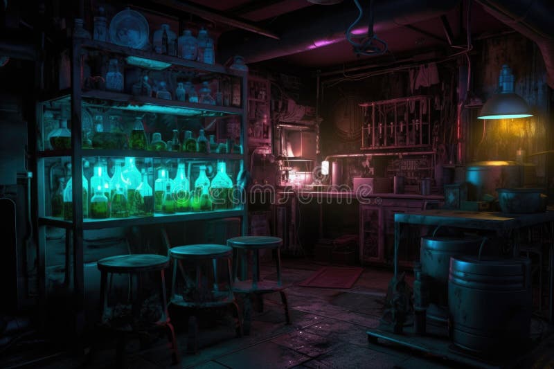 Glowing Neon Chemical Elements in a Dark Laboratory Setting Stock ...