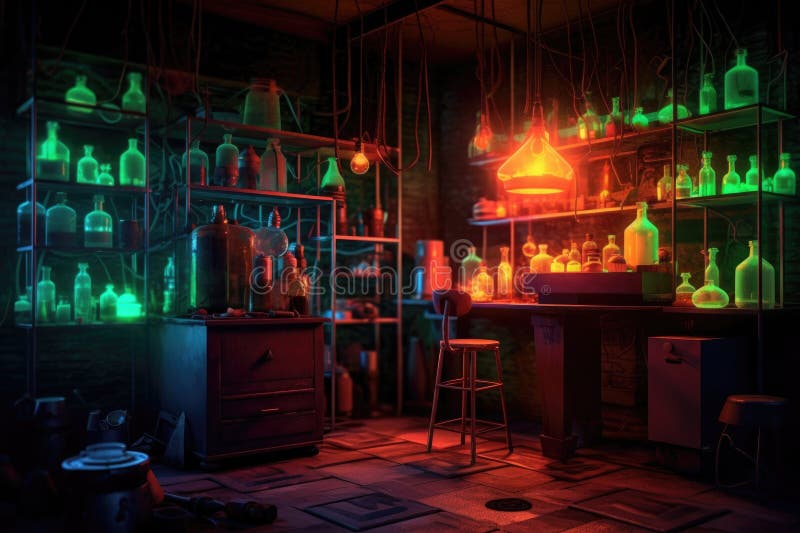 Glowing Neon Chemical Elements in a Dark Laboratory Setting Stock ...