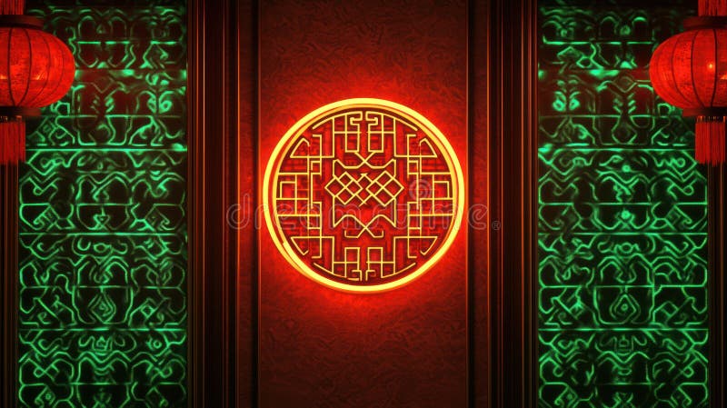 Glowing Neon Chinese Symbol on Red Wall with Green Patterned Screens ...