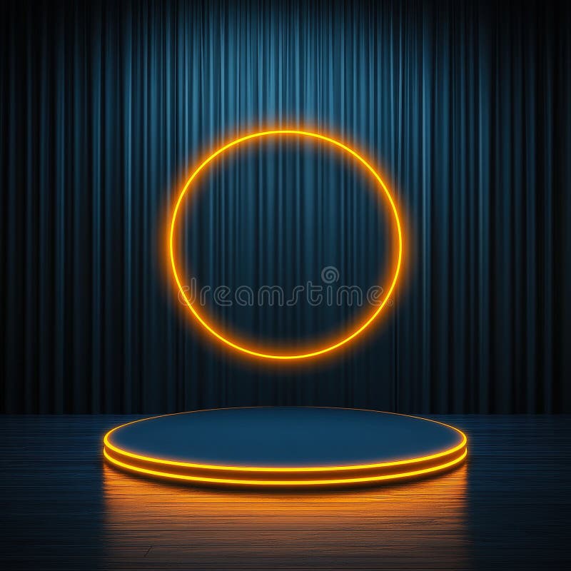 Neon Circle Light Stage with Dark Curtain Background. Stock ...