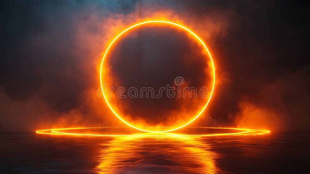 Glowing Neon Circle Ring with Smoke and Reflection Stock Illustration ...