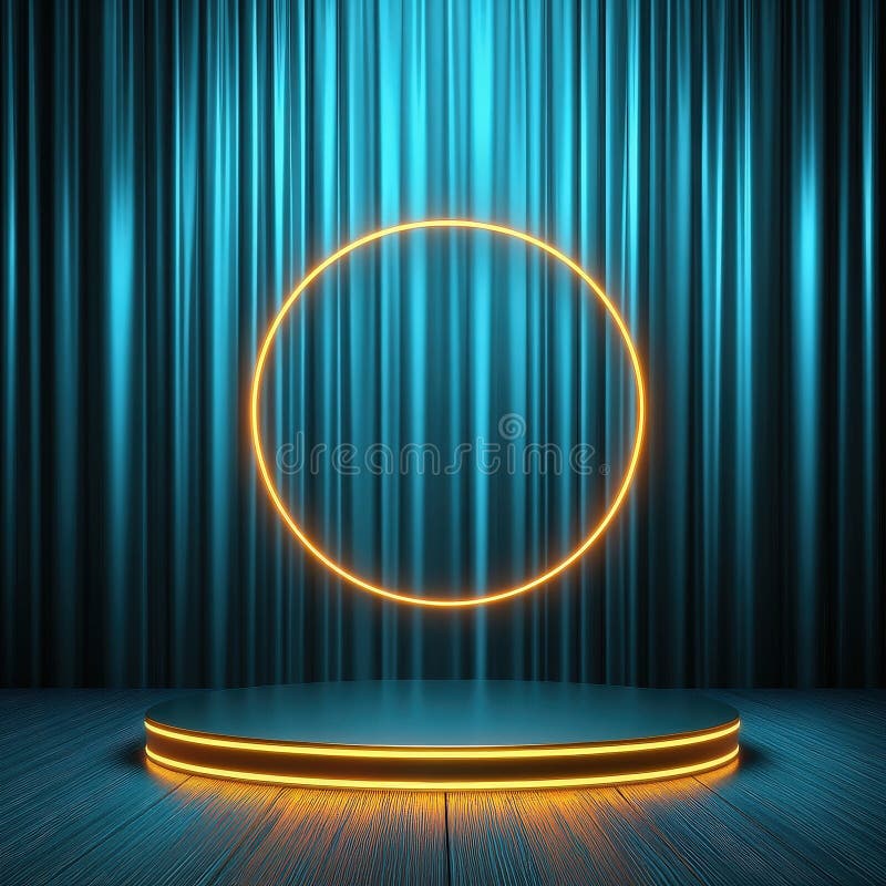 Neon Circle and Stage Platform in Front of Blue Curtains. Stock ...