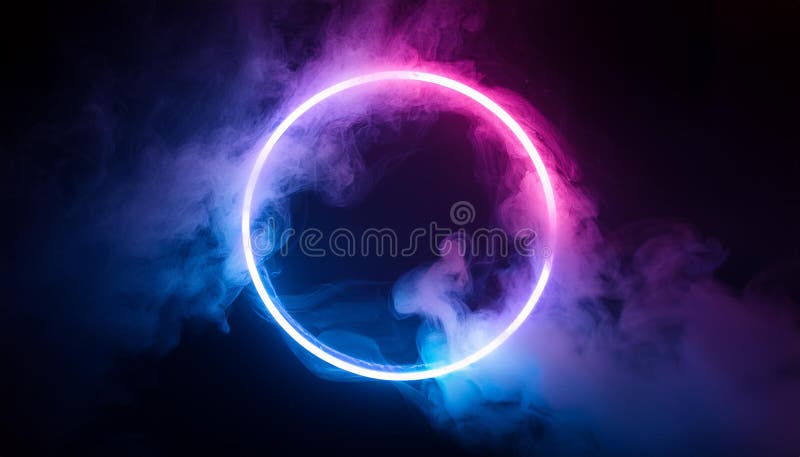 Glowing Neon Circle with Swirling Smoke on Dark Backdrop. Luminous ...