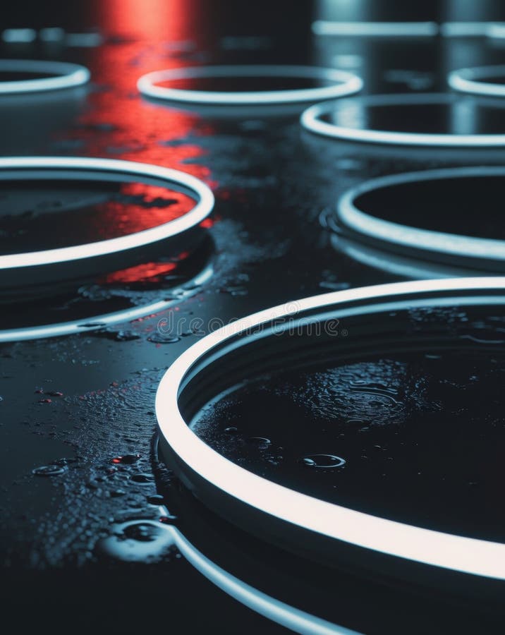 Glowing Neon Circles Reflecting on Dark Wet Surface. Stock Image ...