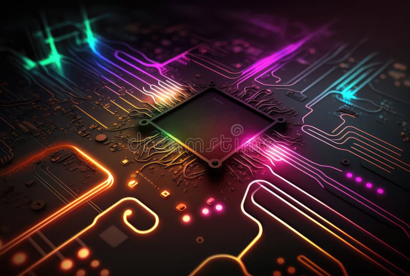 Glowing Neon Circuit Board Chip Tech Background. Generative AI Stock ... Glowing Neon Circuit Board Chip Tech Background. Generative AI Stock ...