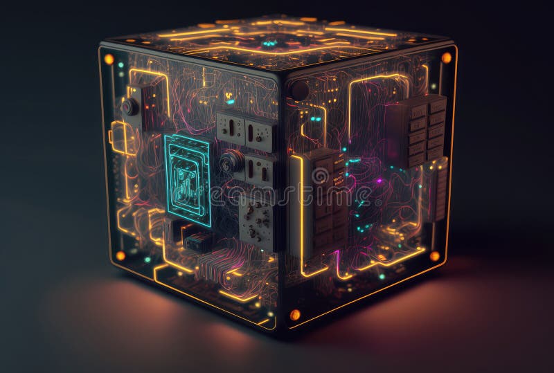 Glowing Neon Circuit Board Cube Tech Background. Generative AI Stock ...