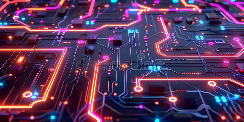 Glowing Neon Circuit Board with Interconnected Lines and Components ...