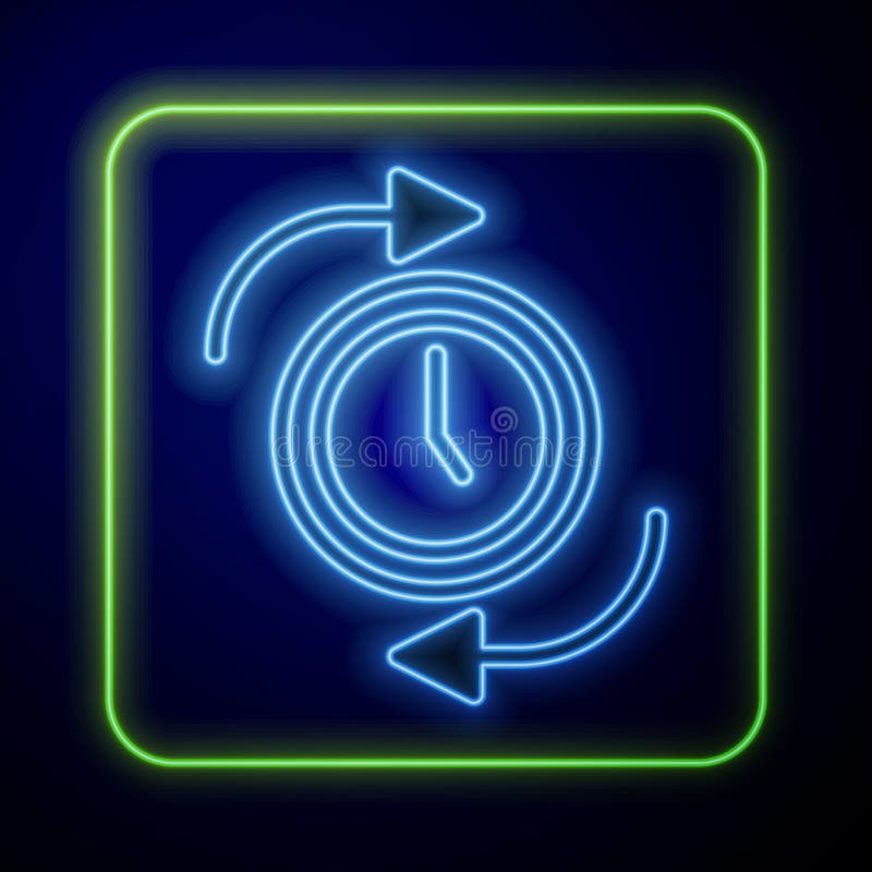 Glowing Neon Clock with Arrow Icon Isolated on Blue Background. Time ...