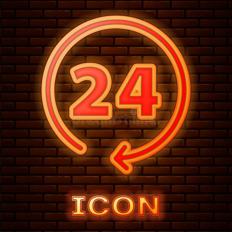 Glowing Neon Clock 24 Hours Icon Isolated on Brick Wall Background. All ...