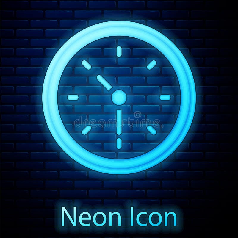 Glowing Neon Clock Icon Isolated on Brick Wall Background. Time Symbol ...