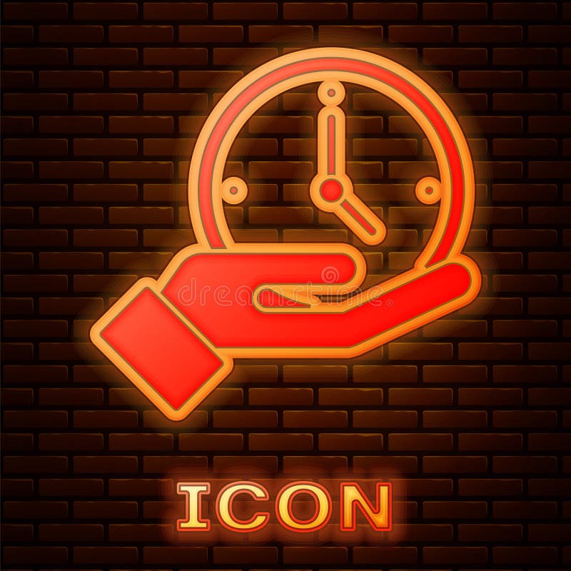 Glowing Neon Clock Icon Isolated on Brick Wall Background. Time Symbol ...