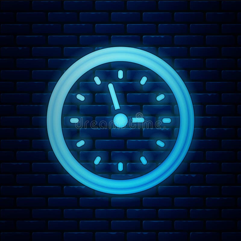 Glowing Neon Clock Icon Isolated on Brick Wall Background. Time Symbol ...