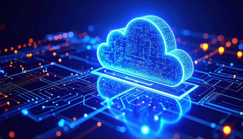 Glowing Neon Cloud Above a Circuit Board Symbolizing Cloud Computing, Data Networks, Digital ...